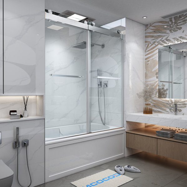 MCOCOD 56" - 60" W x 66" H Double Sliding Frameless Soft Close Tub Door with 3/8 in. Clear Glass ...